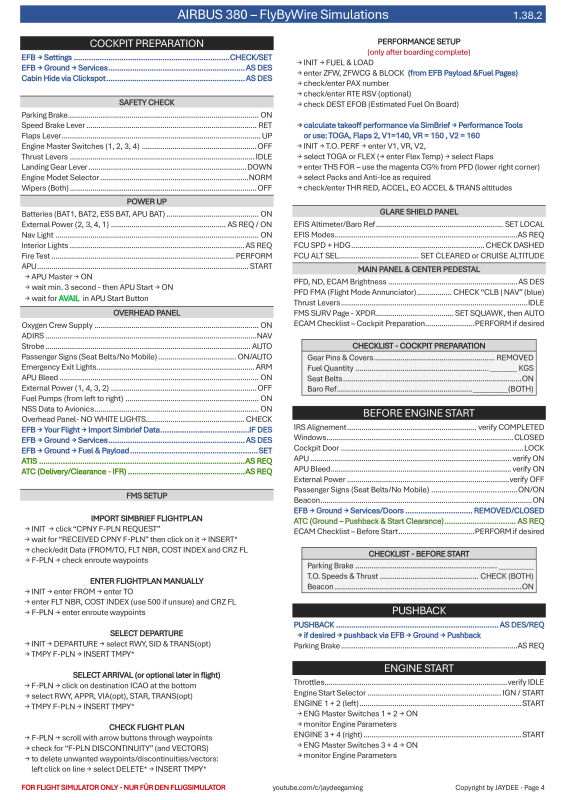 Airbus A380 FlyByWire Checkliste auf wasserabweisendem Papier